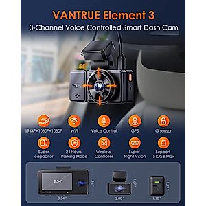 Bundle: Vantrue E3 3 Channel WiFi Dash Cam with GPS Speed, Wireless Remote Controller +256GB microSD Card