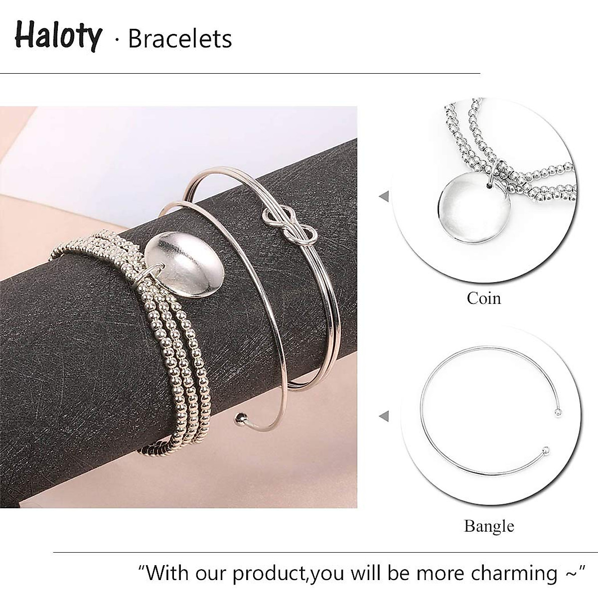 Dmaiy Boho Layered Knot Bangle Stackable Bracelets Silver Dainty Coin Beaded Hand Jewelry for Women and Men 5Pcs (Coin)