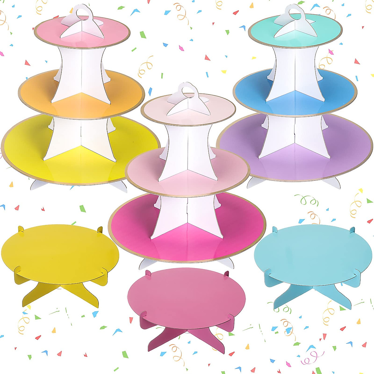 6 Pieces Colorful Cupcake Stand Set 3 Tier Cardboard Dessert Tower 1Tier Cupcake Display Stand Serving Cupcake Holder for Birthday Baby Shower All Themed Party Events Cake Display, Pink, Blue, Yellow