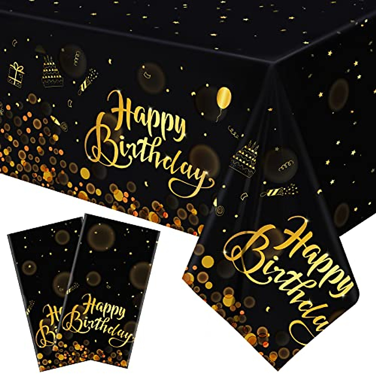 TURSTIN 2 Pack Happy Birthday Tablecloths Black Gold Plastic Table Cloth Rectangular 54 x 108 Inch Party Table Covers for Parties, Birthday, Anniversary Decorations