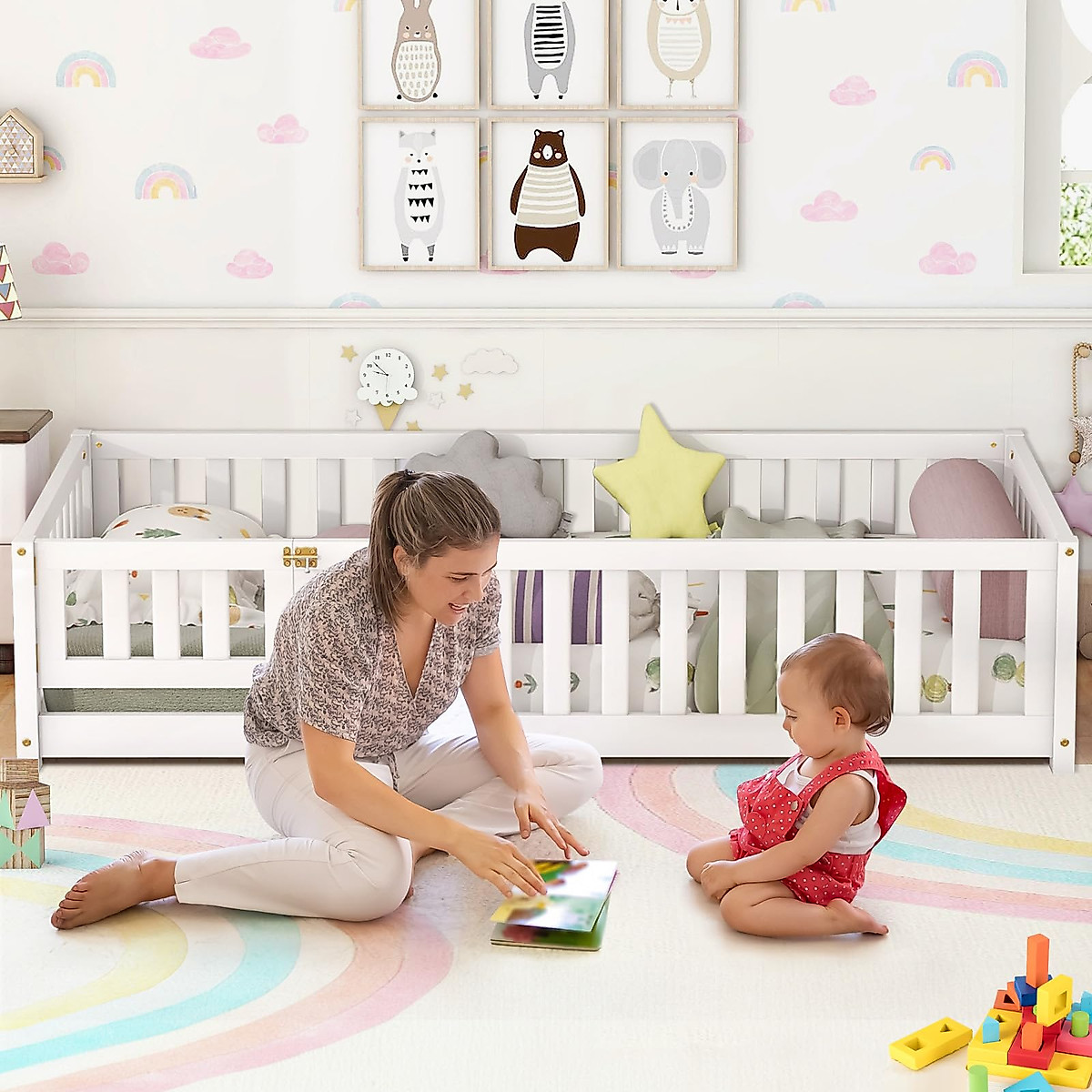 GEEVIVO Twin Size Montessori Floor Bed, Kids 1-3 Wooden Playhouse Bed Frame w/Door, Slats and Safety Fence, Floor-Bed-Frame for Children Bedroom, Boys Girls, Kids Playroom