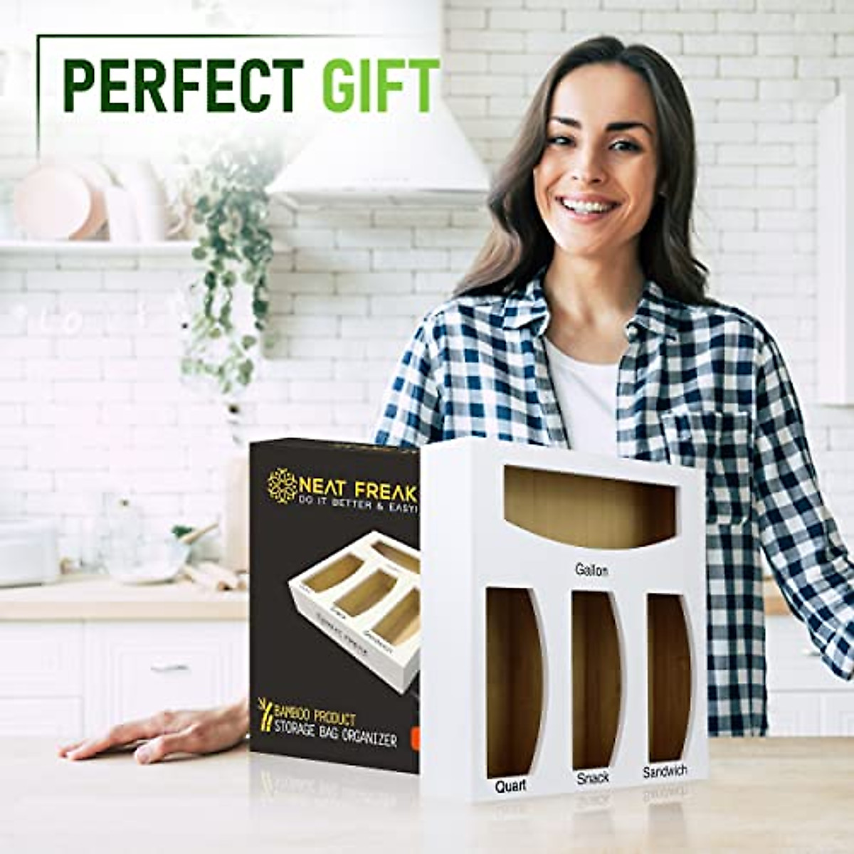 Neat Freak Baggie Organizer Dispenser – 4-in-1 Ziploc Bag Storage Organizer for Drawer – Bamboo Baggie Organizer For Wall– Ziploc Bag Organizer for Quart, Snack, Gallon, Sandwich - White Color.