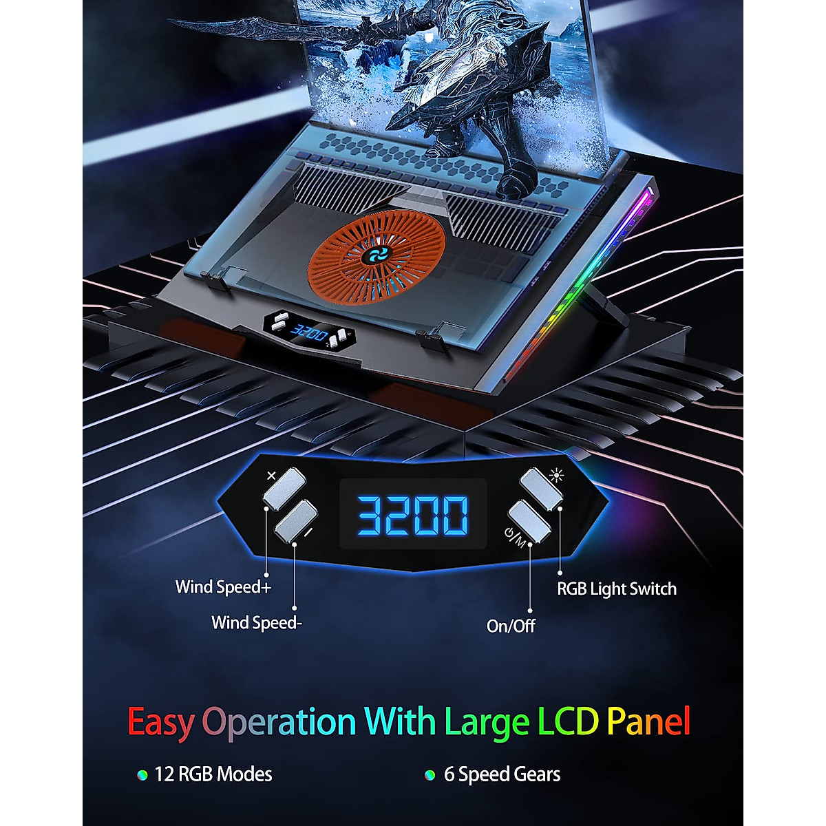 2022 Upgrade Laptop Cooling Pad 15.6-17.3 Inch, AIMIUZI RGB Gaming Laptop Cooler with Powerful Turbo-Fan 3200 RPM, 12 Modes Light, 7 Height Stands, Ergonomic Design, 2 USB Ports, Dust Filter