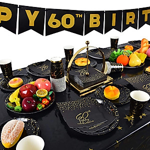 Gatherfun 60th Birthday Party Supplies Disposable Paper Plates Napkins Cups Knives Spoons Forks Tablecloth Banner Number 60 Balloons for Men Woman Black and Gold 60 Birthday Party Decorations Serve 25