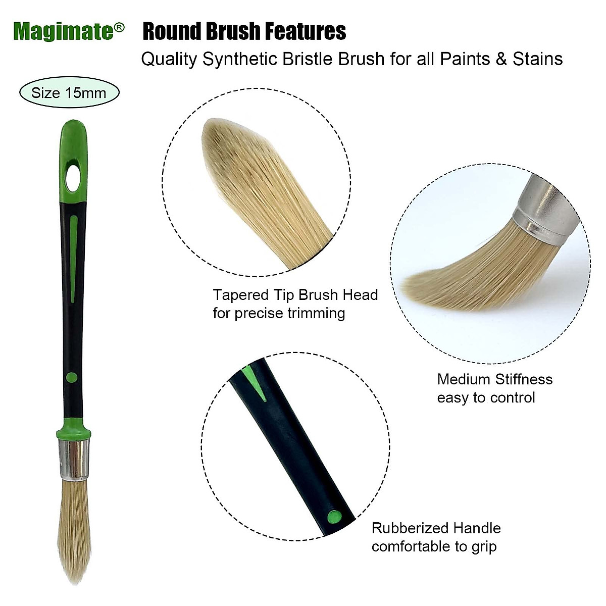 Magimate Small Paint Brush for Touch Ups, Trim Stain Brush for Sash, Baseboards, House Wall Corners and Art Application, One Singe Size 0.6-inch (15mm)