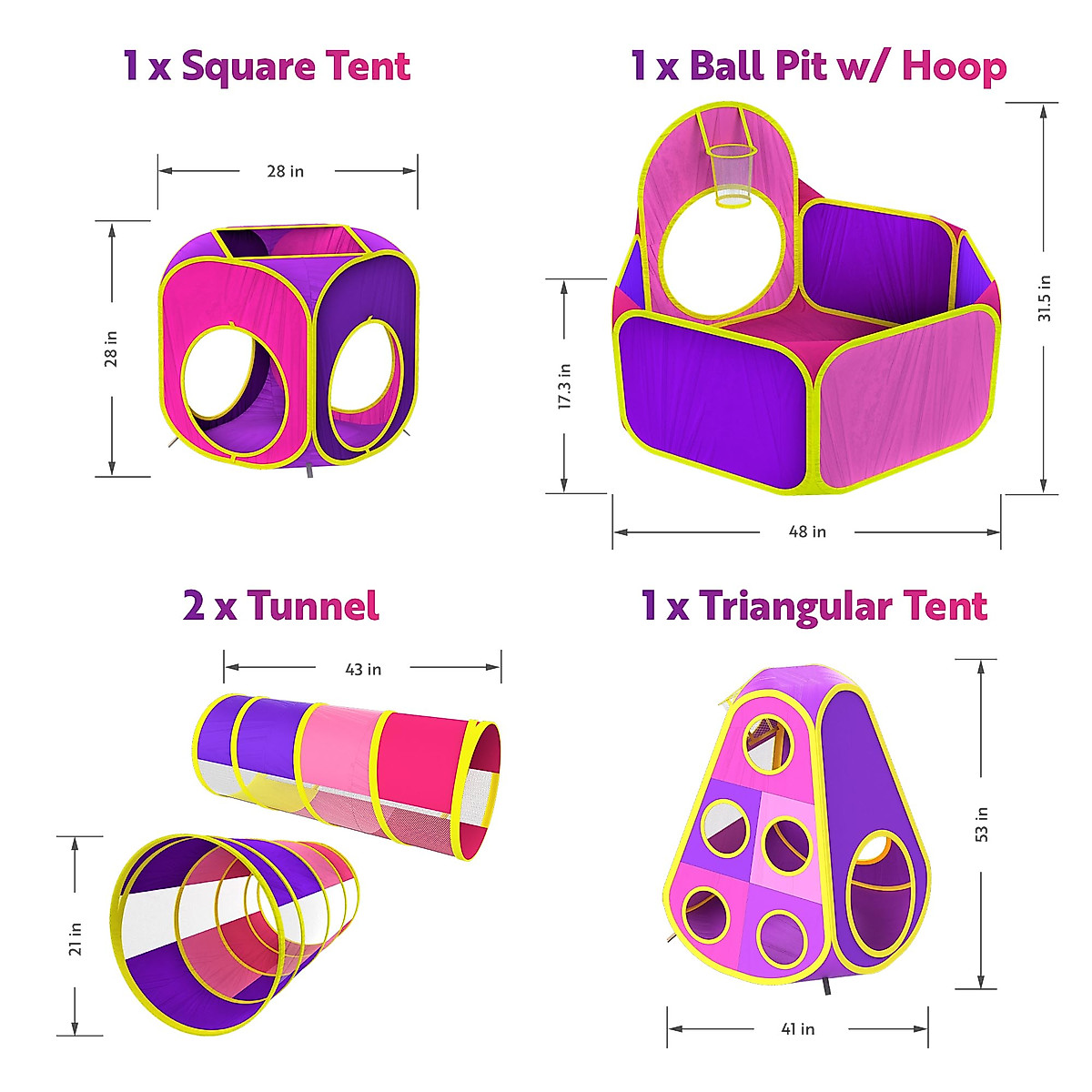 Playz 5pc Kids Princess Play Tent, Ball Pit with Basketball Hoop & Kids Play Tunnel for Toddlers, Babies, Kids, Girls & Boys Indoor & Outdoor Pop Up Playhouse Bundle with Bag, Yellow, Pink & Purple