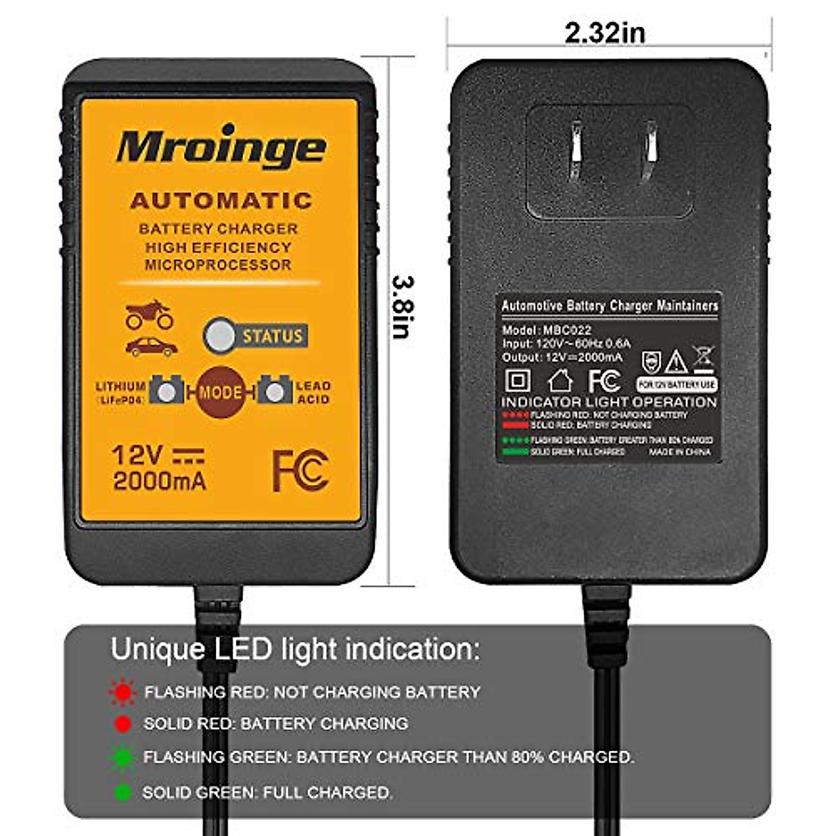 Mroinge MBC022, 12V 2A Lead Acid & Lithium(LiFePO4) Automatic Trickle Battery Charger Smart Battery Maintainer for Car Motorcycle Lawn Mower Boat ATV SLA AGM Gel Lithium(LiFePO4) and More Batteries