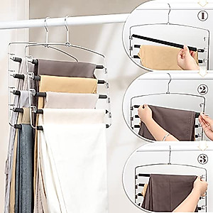 Clothes Pants Slack Hangers 5 Layers Non Slip Closet Storage Organizer Space Saving Hanger with Foam Padded Swing Arm for Pants Jeans Scarf Trousers Skirts (Updated Version-4pcs Black)