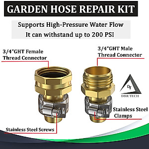 Heavy Duty Hose Repair Kit, 3/4 Inch Male Female Water Hose Repair End, Solid Metal Replacement Fittings, Fix Kit with Clamps Fit for 3/4" Gardening Hoses, Rust-Resistant Finish, Zero Leaks, 2 Pack