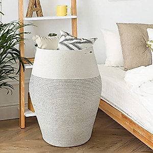 Goodpick Laundry Hamper | Woven Cotton Rope Dirty Clothes Hamper Tall kids Curve Laundry Basket Large, (White, 25.6 x 17.71 Inch)