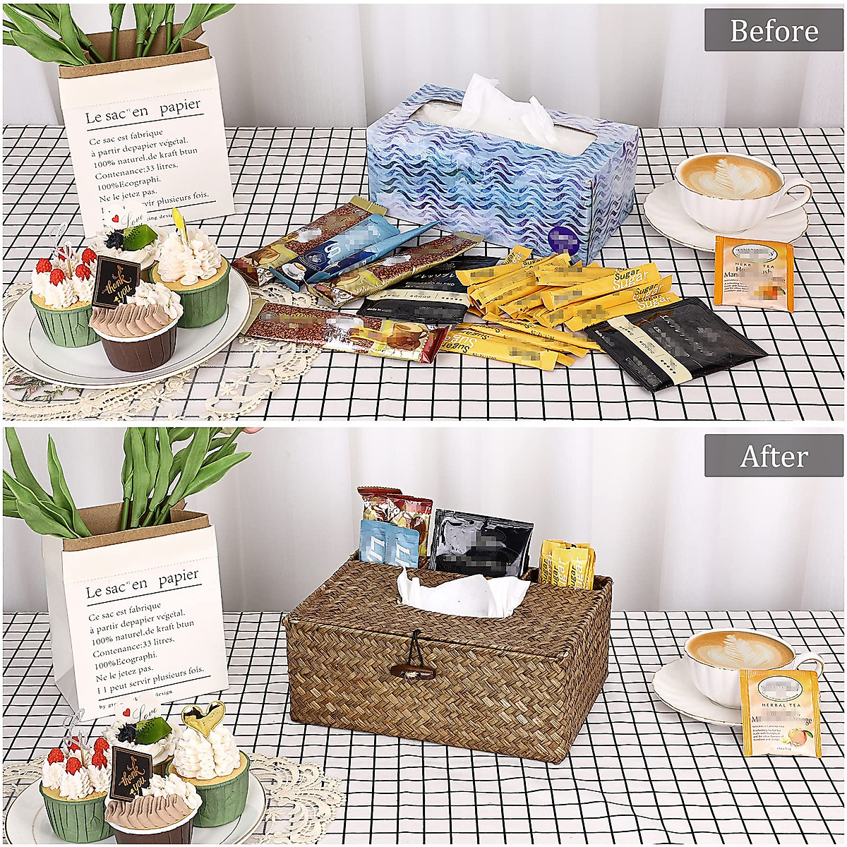 Sumnacon Seagrass Rectangular Tissue Box Cover - Multifunctional Tissue Holder with Stationery Remote Control Box, Decorative Tissue Pen Remote Organizer for Desktop Livingroom Home Office, Caramel