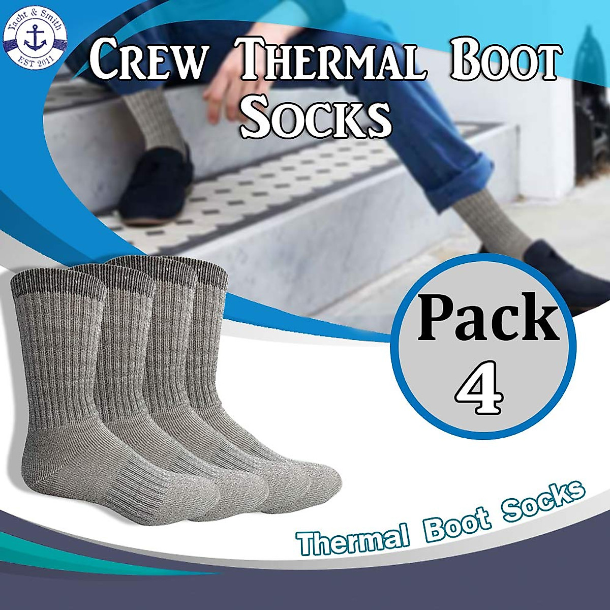 Yacht & Smith 4 Pairs Merino Wool Thermal Boot Socks for Hiking, Trail, Hunting, Winter