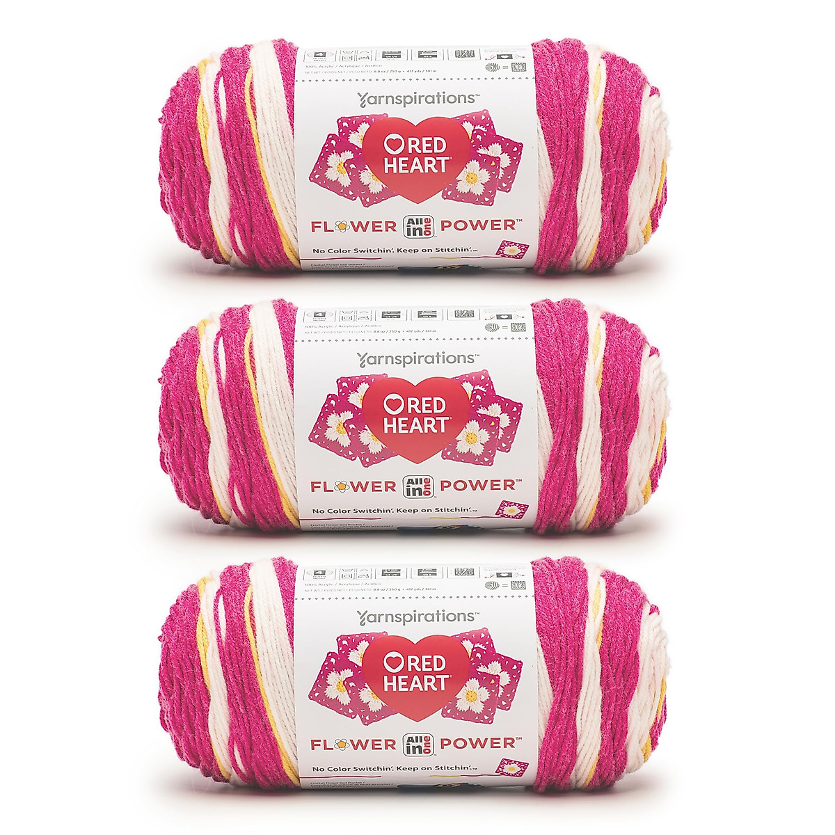 Red Heart All in ONE Flower Power Peony pop Yarn - 3 Pack of 8.8oz/250g - 100% Acrylic - #4 Worsted (Medium) - 440 Yards - Knitting/Crochet