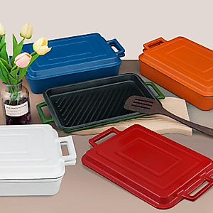 Flavehc Cast Iron Casserole Dish with Skillet Lid 9"x13" Rectangle Casserole Dishes for Oven Cast Iron Baking Dish Cast Iron Lasagna Pan Lasagna Baking Dish Red