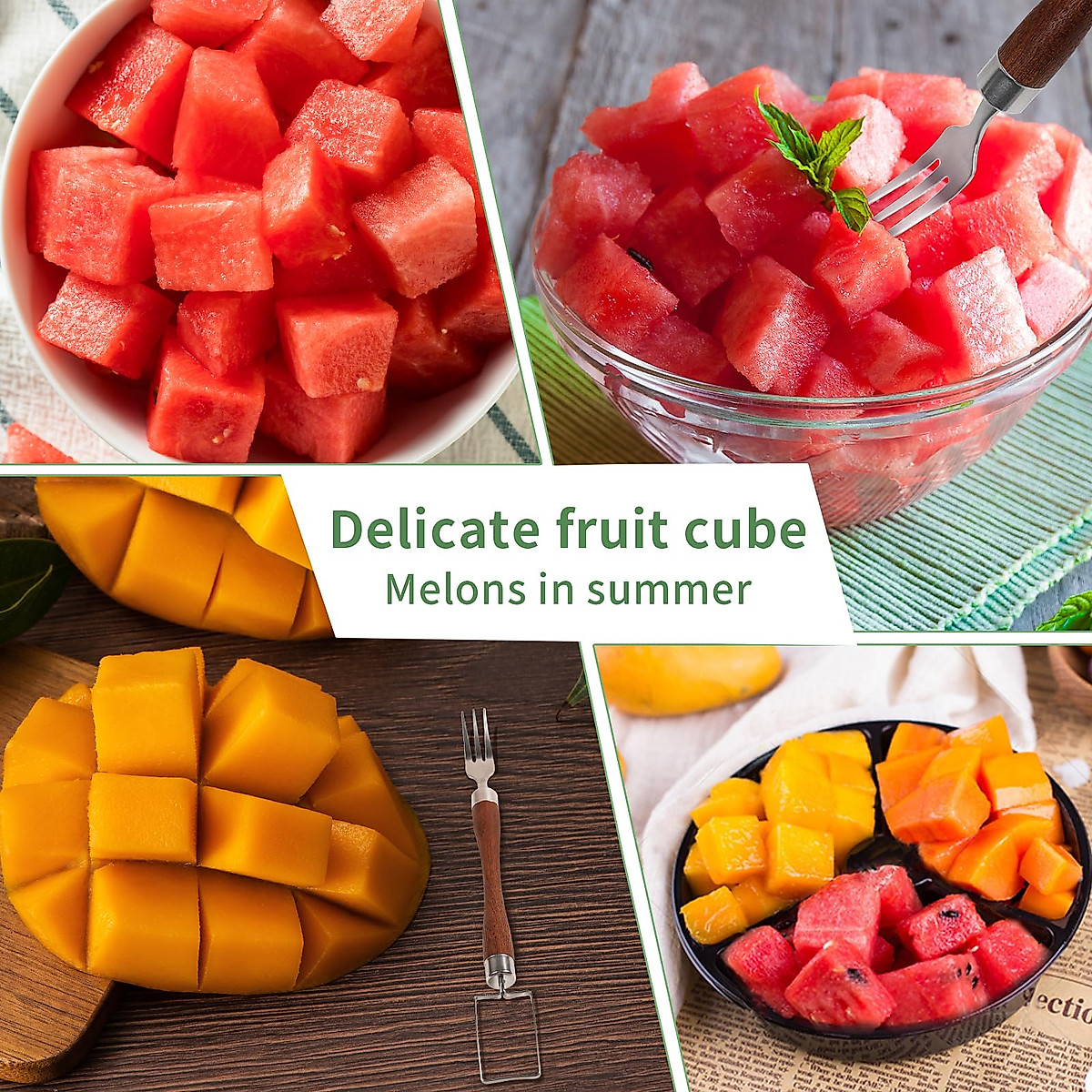 Stainless Steel Fruit Cutter, 2-in-1 Watermelon Fork Slicer, New Portable Dual Head Wooden Handle Watermelon Cutter Slicer Tool, Home and Camping Fruit Fork Cutter Gadget (Large)