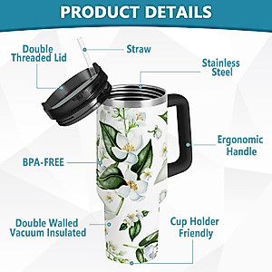 Yasala Car Tumbler with Handle White Flower Green Leaves Travel Mug Coffee Cup Insulated Beverage Container Mega Cup for Hot Cold Drinking Thermos Water Bottle Cupholder Friendly 40 oz