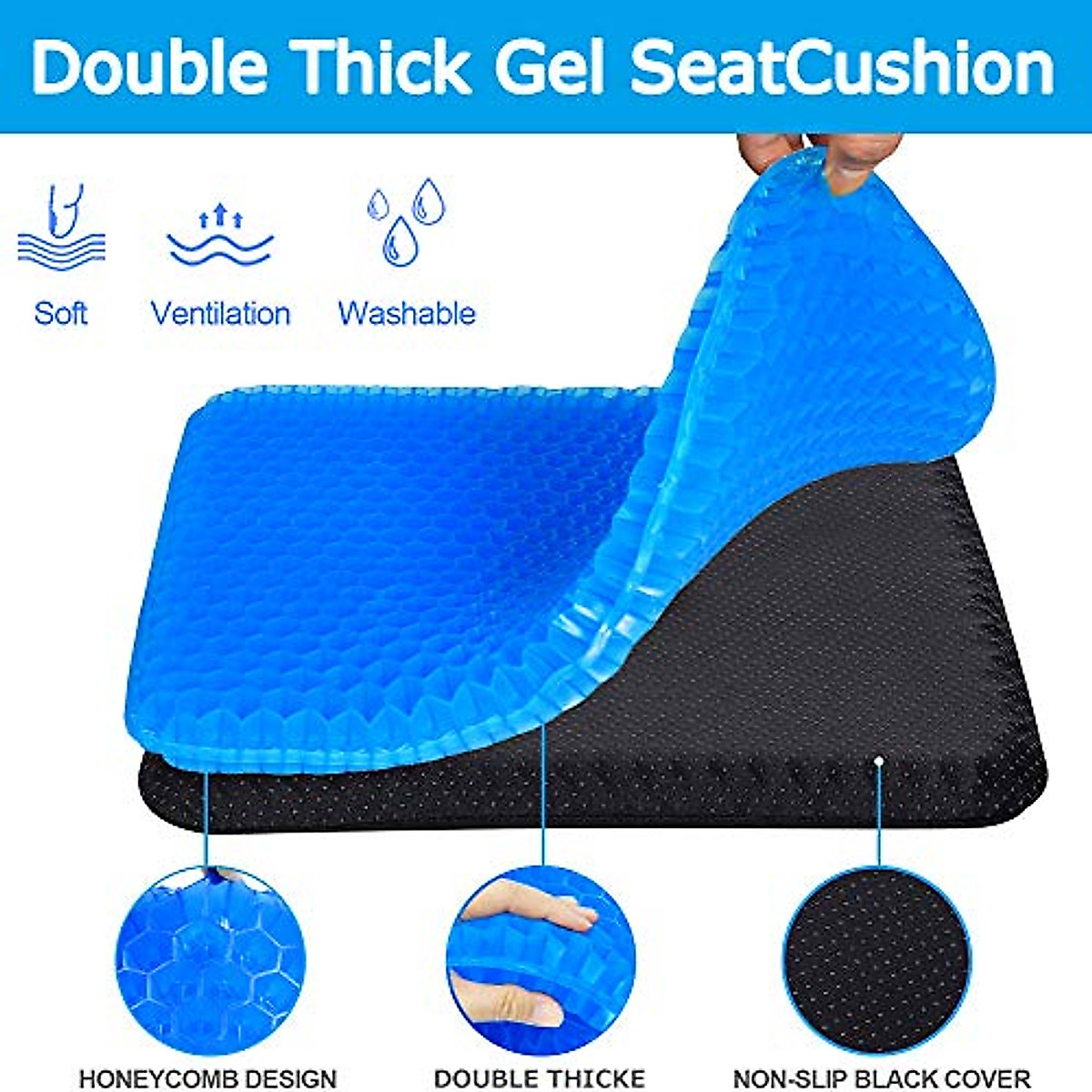 Gel Seat Cushion, Double Thick Big Gel Seat Cushion, Honeycomb Design Gel Seat Cushion for Pressure Relief Back Pain, Gel Cushion for Home Office Chair Cars Wheelchair(with Non-slip Seat Cover)