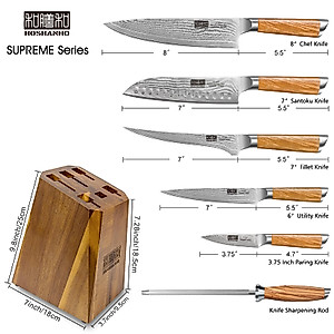 HOSHANHO Knife Set with Block 7-Piece, Professional 67-layer Damascus Super Steel Kitchen Knife Sets for Cooking, Ultra Sharp Knife Set with Sharpener