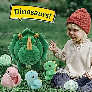 Ezuwail Triceratops Stuffed Animals with Babies, 7 Pack, 22 inch Dinosaur Plush Toys, Large Green Triceratops with 3 Eggs, 3 Baby Dino Plushie Inside