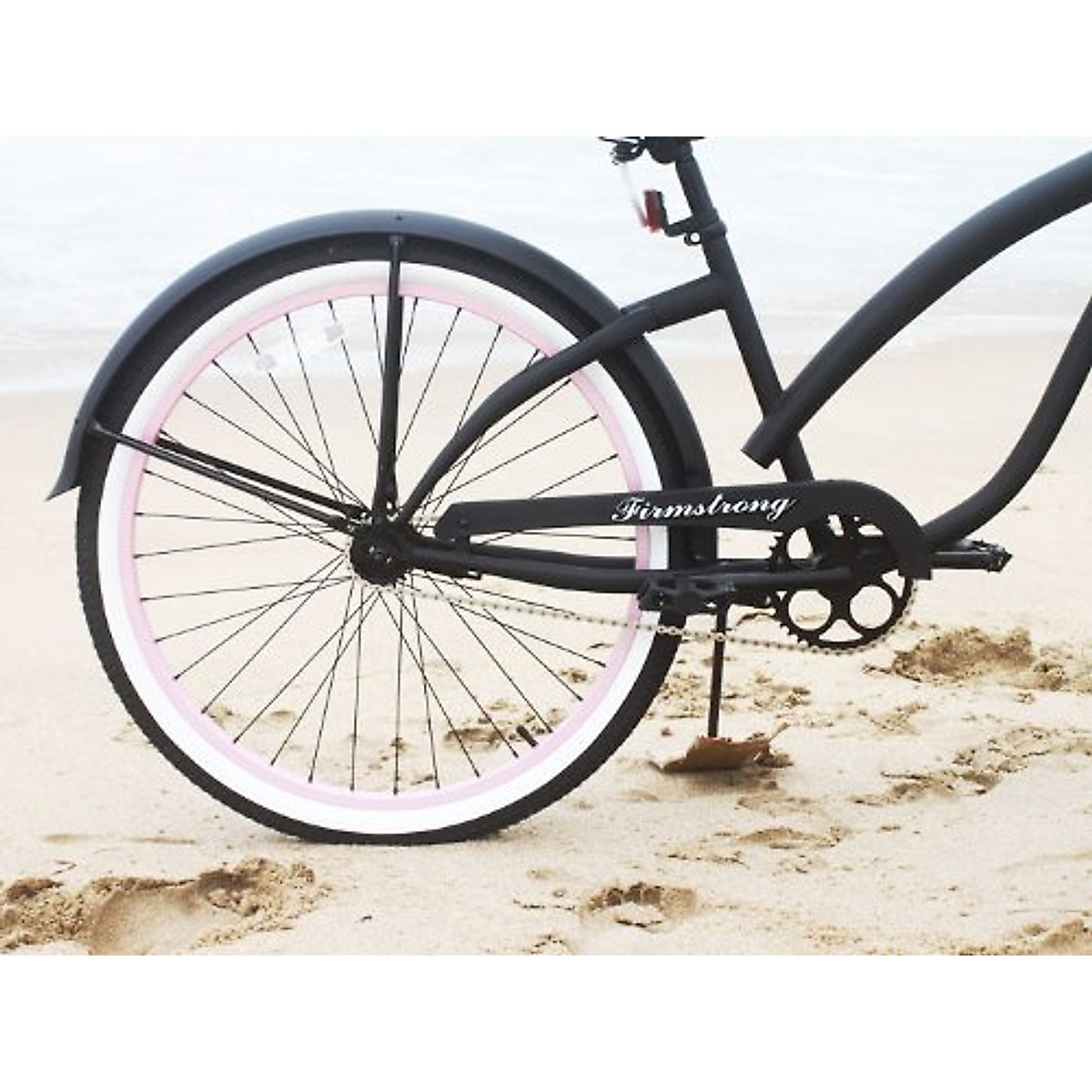 Firmstrong Bella Fashionista Women's Beach Cruiser Bicycle, Single Speed Bicycle, 26 Inch Wheels, Matte Black with Pink Rims