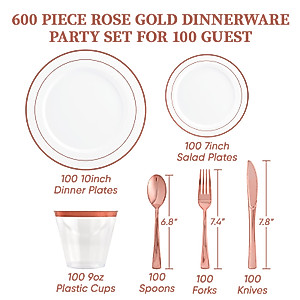 FOCUSLINE 600pcs Rose Gold Dinnerware Set for 100 Guests, Rose Gold Rim Plastic Plates Disposable, 100 Dinner Plates, 100 Salad Plates,100 Cups,100 Silverware Set for Wedding Parties