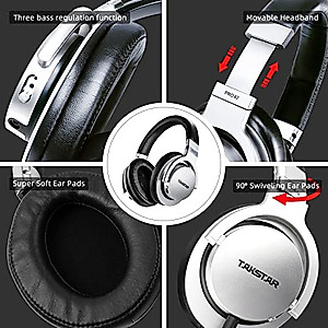 TAKSTAR On-Ear Monitor Headphones Bass Adjustment HiFi Stereo Dynamic Studio Noise Cancelling Headsets for Recording Monitoring Music PRO 82 Silver