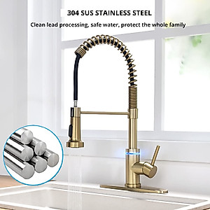 VIDEC Smart Kitchen Faucet, 3 Modes Pull Down Sprayer, Smart Touch On Sensor Activated, LED Temperature Control, 360-Degree Rotation, 1 or 3 Hole Deck Plate. (KW-66J, Brushed Gold, 17.90 Inches)