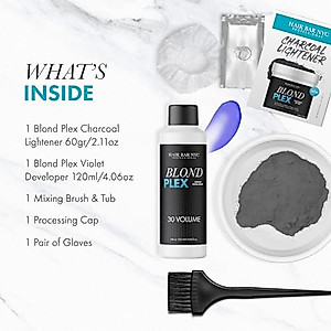 HAIR BAR NYC Blond Plex Extreme 10X Lightener + 30 Volume Anti-Yellow Violet Developer Kit - Black/Charcoal Dust-Free Hair Bleach with Keratin & Bond Building, Cool-Toned, Bright Finish Kit 60g/2.11oz