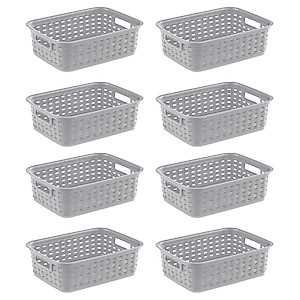 Sterilite 11 Inch Small Weave Open Bin Wicker Storage Basket Home Organizer Tote for Countertops, Bookshelves, and Closets, Cement, 8-Pack