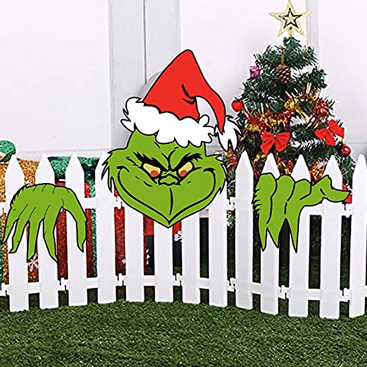 AMZFAVOR Christmas Decorations Outdoor - Fence Yard Sign with Hand Head for Holiday Christmas Fence Peeker Decorations