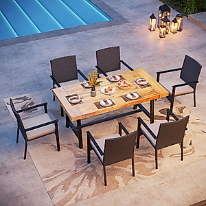PHI VILLA 7 Piece Outdoor Dining Set for 6, 1 Acacia Wood Table & 6 Cushioned Wicker Chairs, Outdoor Dining Furniture Set for Patio,Deck, Yard, Porch
