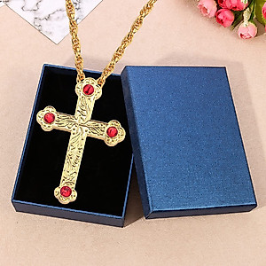 Religious Jesus Crucifix Jeweled Necklace - 18k Gold Plated Jeweled Pectoral Cross Necklace Zircons Crystals Christian Church Golden Priest Crucifix Orthodox Jewelry Baptism Gift Religious Icons (B)