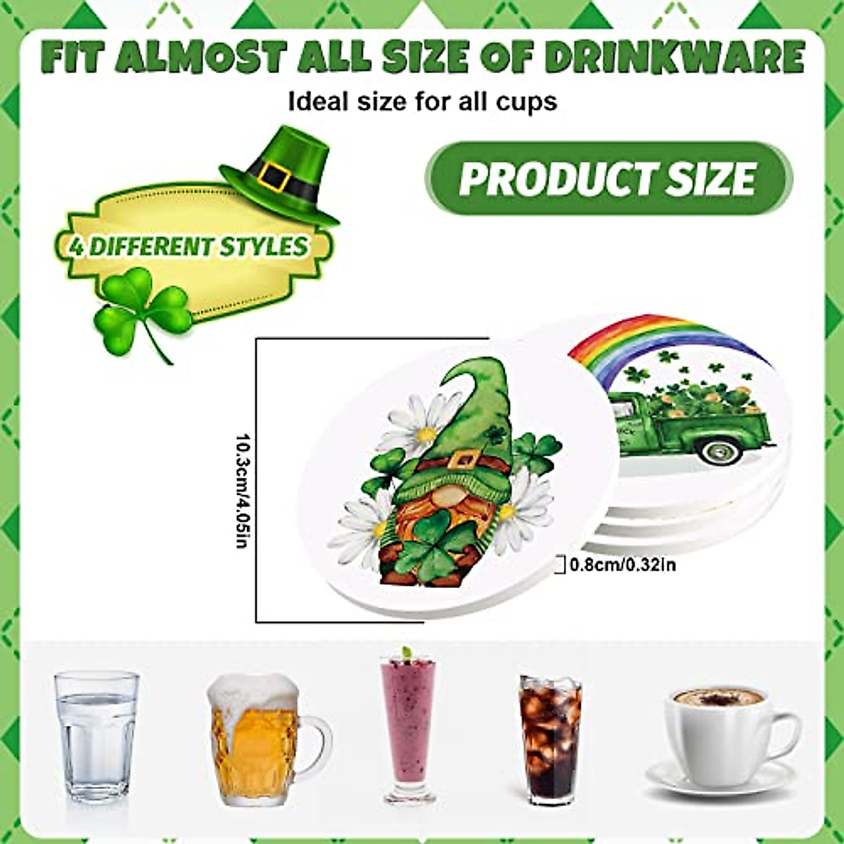 Whaline St. Patrick's Day Coaster 4Pcs Watercolor Irish Gnome Truck Rainbow Hat Leprechaun Leg Drink Coaster Irish Ceramic Coaster Cup Mat for Mugs Cups Home Kitchen Party Supplies