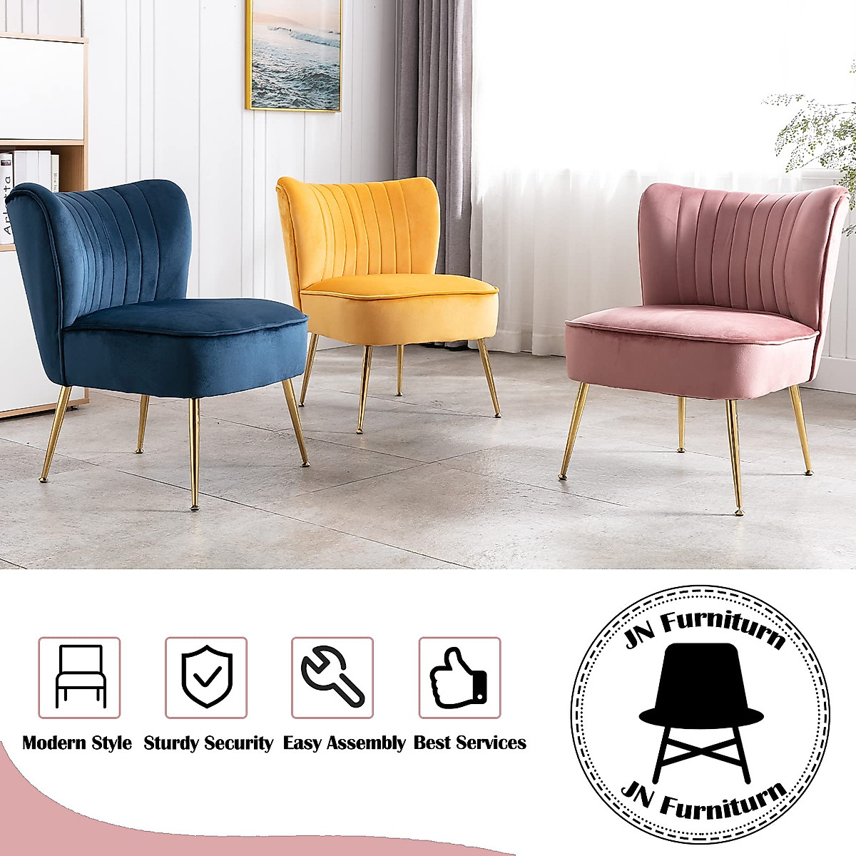 Janoray Velvet Accent Chair Set of 2 Comfy Mid-Century Modern Living Room Chair Armless Slipper Chair Single Sofa Chair with Golden Legs Wingback for Bedroom Guest Room, Pink