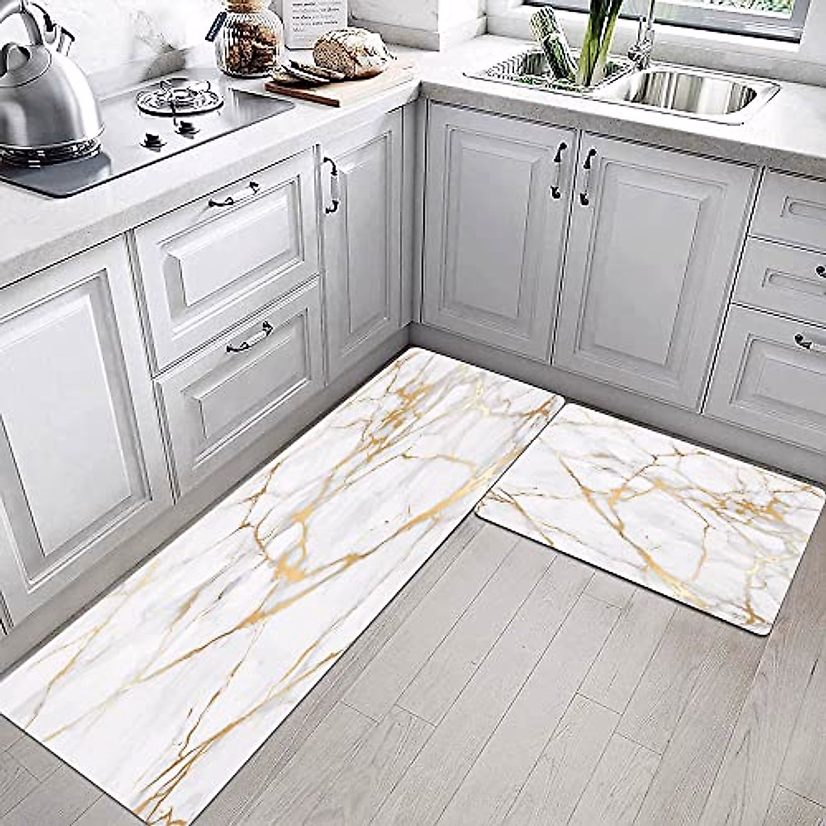 Mrcrypos Gold White Kitchen Rugs Cushioned Anti Fatigue 2 Piece Set Marble Kitchen Mats PVC Waterproof Leather Runner Rug Non Slip Floor Comfort Mat for Kitchen Sink Laundry Office 17"x29"+17"x47"