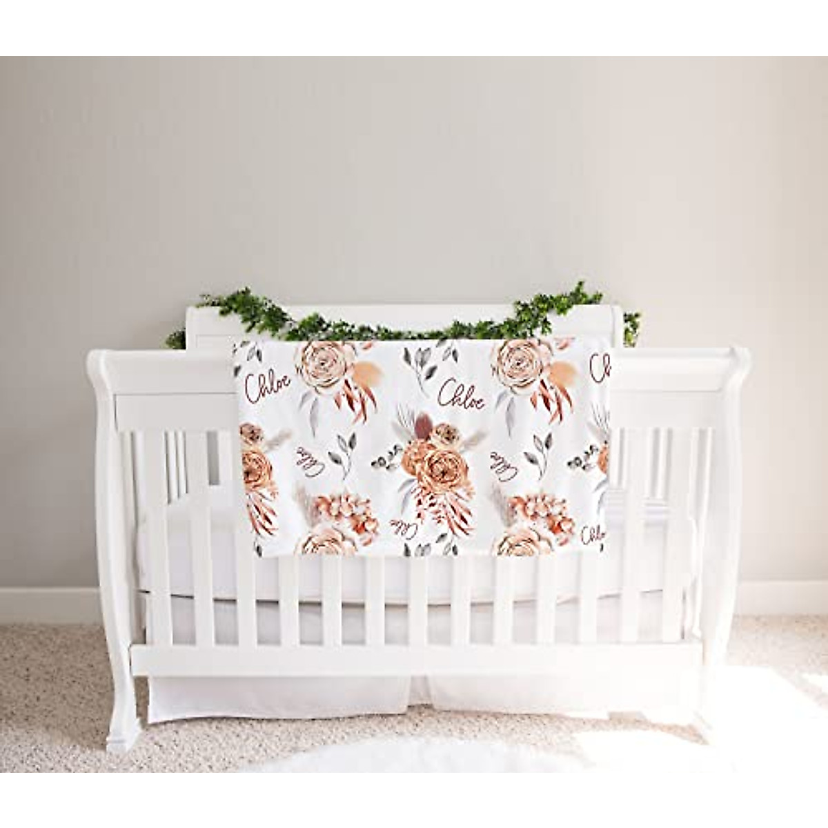 Stork Wares Boho Caramel Floral Personalized Baby Girl Swaddle Blanket, White, 30x40', (BB335)