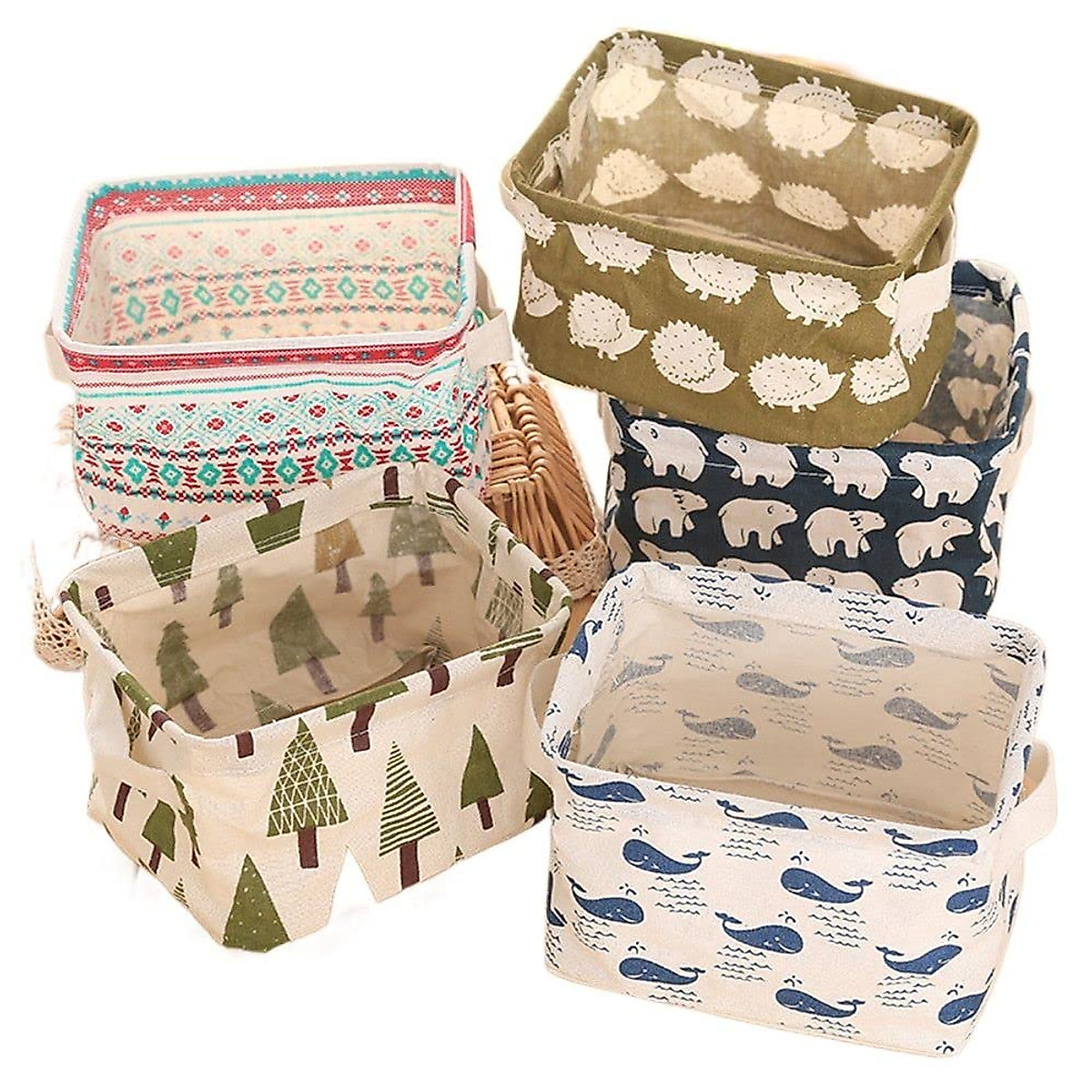 4Pcs Cotton And Linen Cloth Art Storage Basket Cute And Simple Nordic Style Home Cosmetics Sundries Handle Basket Desktop Storage Box(7.87inch)