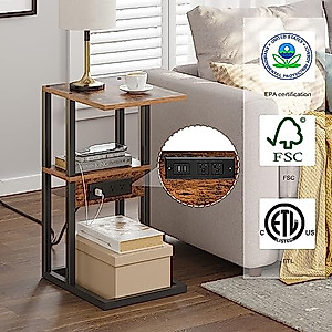 TUTOTAK C Shaped End Table with Charging Station, Side Table with 2 USB Ports and Outlets, Snack Table for Couch and Bed, Small Sofa Table for Small Spaces, Living Room, Bedroom TB01BB043