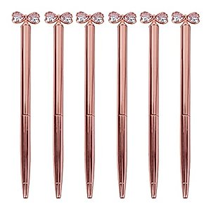 Hyuyikuwol Crystal Diamond Ballpoint Pens Bow Tie Rhinestone Black Ink Metal Sign Pen for School Office Supplies-6PCS, Electroplated Rose Gold