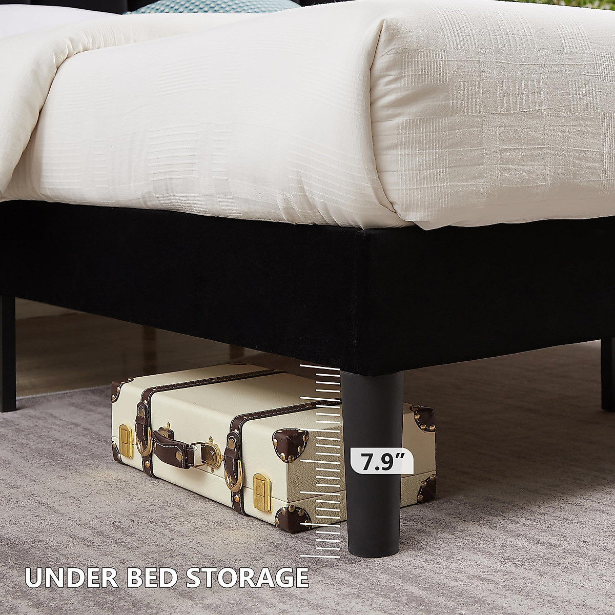 VECELO Queen Bed Frame with Upholstered Headboard, Platform Mattress Foundation with Strong Wooden Slats Support, No Boxing Spring Needed, Easy Assembly, Black