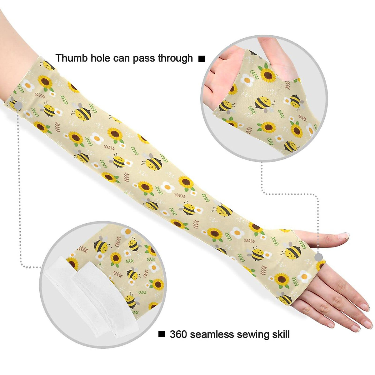 GuoChe Arm Sleeves for Women Gardening Sleeves Sun UV Cooling Sleeve with Thumb Hole Bee Sunflower Flower