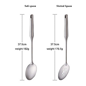 1 Solid Spoon 1 Slotted Spoon Stainless Steel, BUY&USE 2 Pcs Durable Cooking Utensil, 15 Inches Long Handle Serving Spoon