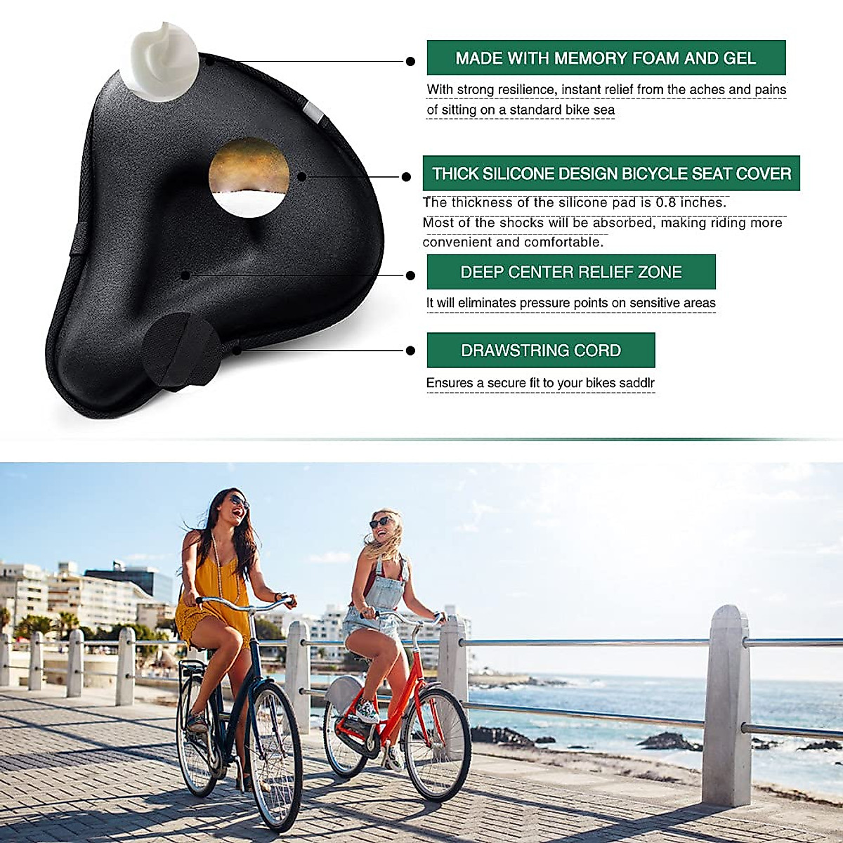 ANZOME Bike Seat Cushion, Wide Gel Bike Seat Cover & Extra Soft Gel Bike Seat Cushion for Women Men Everyone, Fits Spin, Stationary, Cruiser Bikes, Indoor Cycling(Waterproof Case Included)