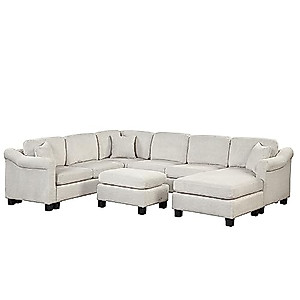 HAUSHECK 4 Pieces Sofa with Ottoman & Right Side Chaise, U Shaped Sectional Couches Living Room Furniture Set, 91.3" D x 122.1" W x 25.6" H, White