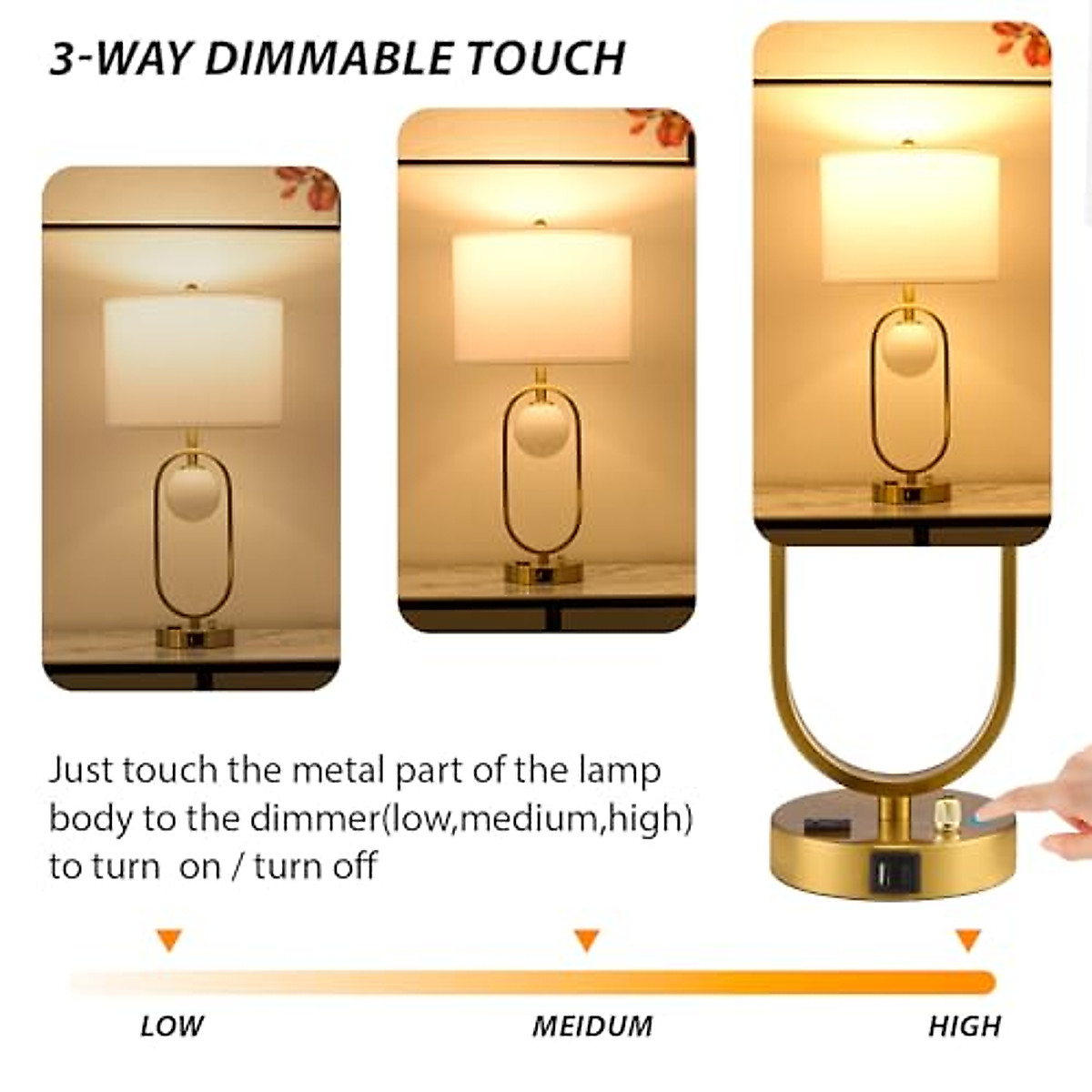 Thirdpolite Modern Table Lamps Set of 2, Touch Bedside Nightstand Lamps with USB Ports and AC Outlet, 3 Way Dimmable Desk Lamps with Fabric Shade for Bedroom, Living Room