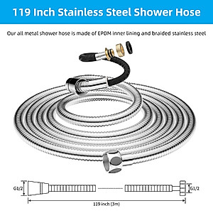Hibbent All Metal Extra Long Shower Hose 119 inch(9.8 foot) Bathroom Handheld Shower Head Hose 3 meters Extension Replacement Part with Brass Fittings Made of Stainless Steel -Polished Chrome Finish
