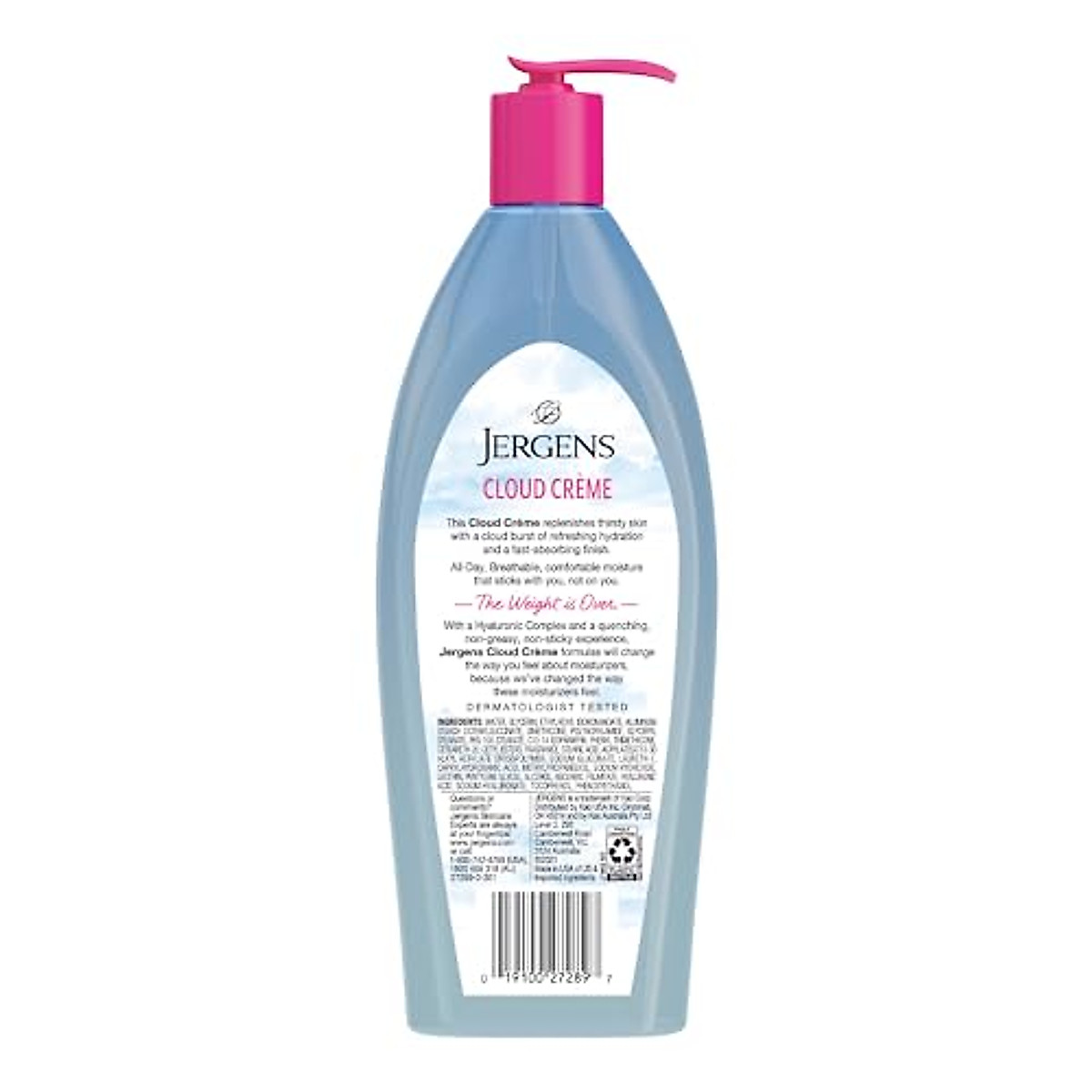 Jergens Cloud Creme Breathable Body Lotion, Fast-Absorbing Hydrating Moisturizer, Paraben-Free, with Hyaluronic Complex, Non-Greasy Application, 13 oz,White