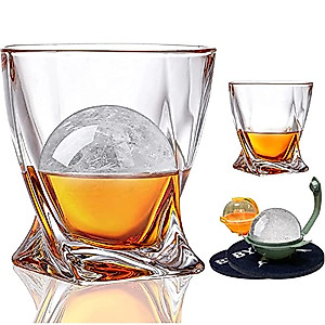 Whiskey Glasses Set, 2 Twisted Old Fashioned Lowball Bar Tumblers 2 Ice Ball Molds 2 Coasters In Gift Box, 11 Oz Rock Barware for Bourbon Scotch Cocktail Vodka, Unique Gifts for Men