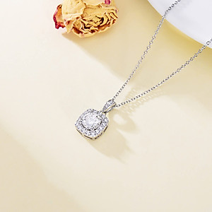 AHTAMOS Moissanite Necklace 1ct 6.5mm 18k White Gold Plated Silver D Color Round Brilliant Cut Halo Pendant Necklace for Women 18+2 Inches Style 1