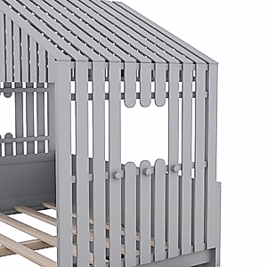 BOVZA Kids Full Size House Low Loft Bed with 4 Storage Drawers, Wood Playhouse Bed with Roof, Stairs and Safety Guardrail, for Kids Boys Girls Teens Bedroom, Gray